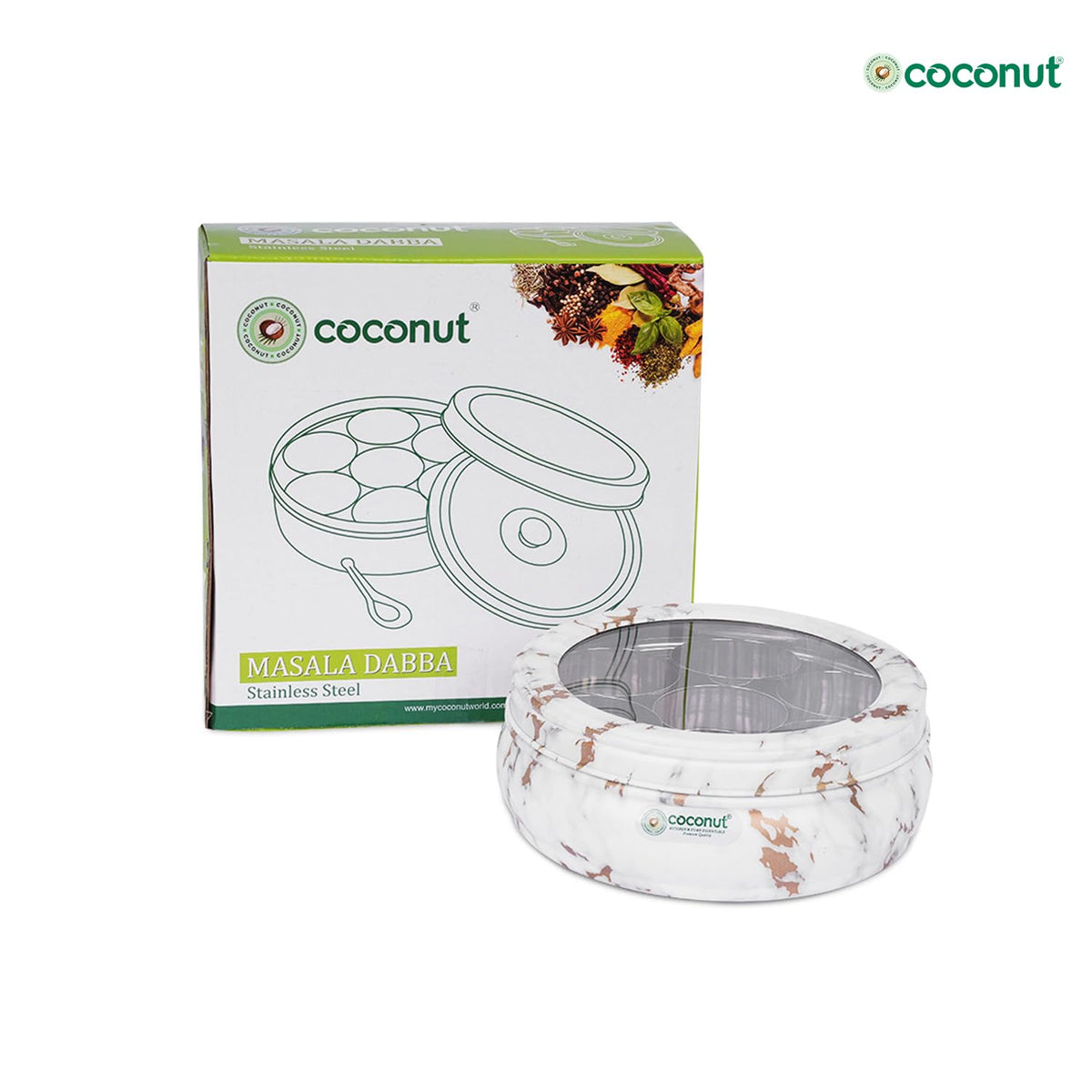 Coconut Stainless Steel Masala Box C-thru Lid - Belly Shape Marble loo ...