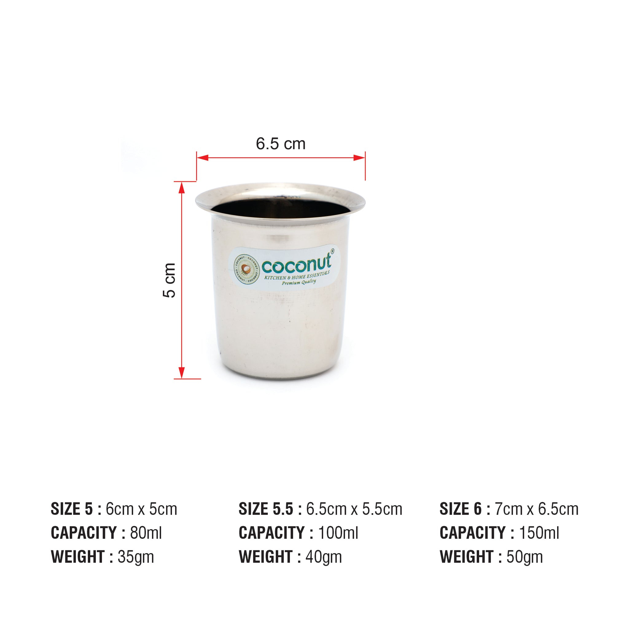 Coconut Stainless Steel Glasses Set Of 6 - Capacity Available in 80ml ...