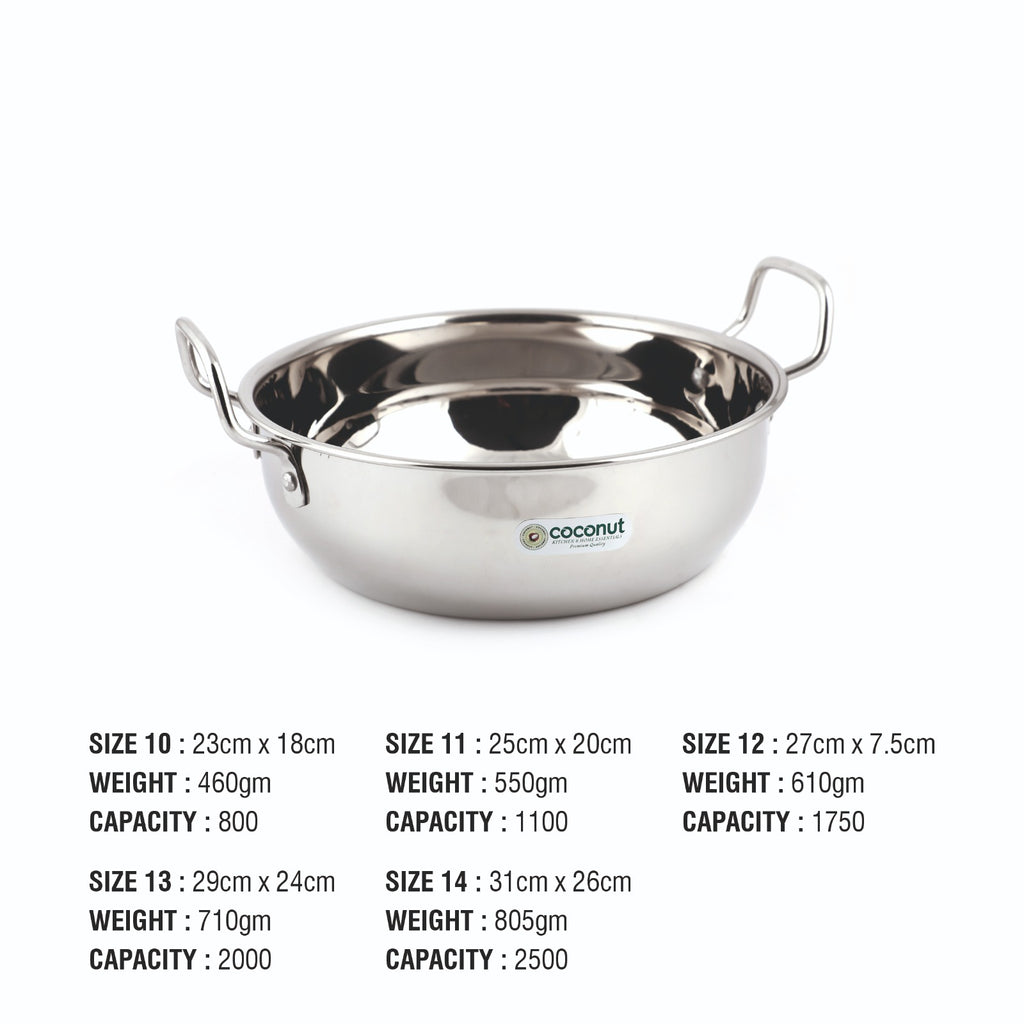 Coconut Stainless Steel Plain Kadai - Heavy Gauge, Mirror Finish, Cook ...