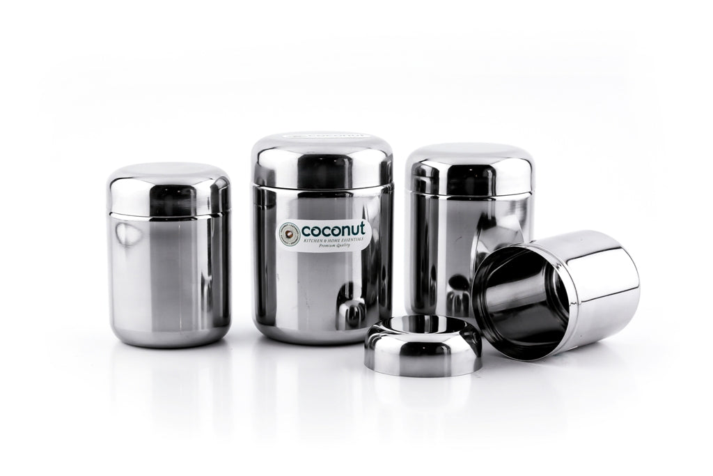 Coconut Stainless Steel Mini Spice Box - Container Set of 4, Tea, Coff ...