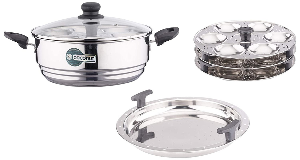 Coconut Stainless Steel Triply Idli Cooker - Glass Lid, Steamer Plate ...