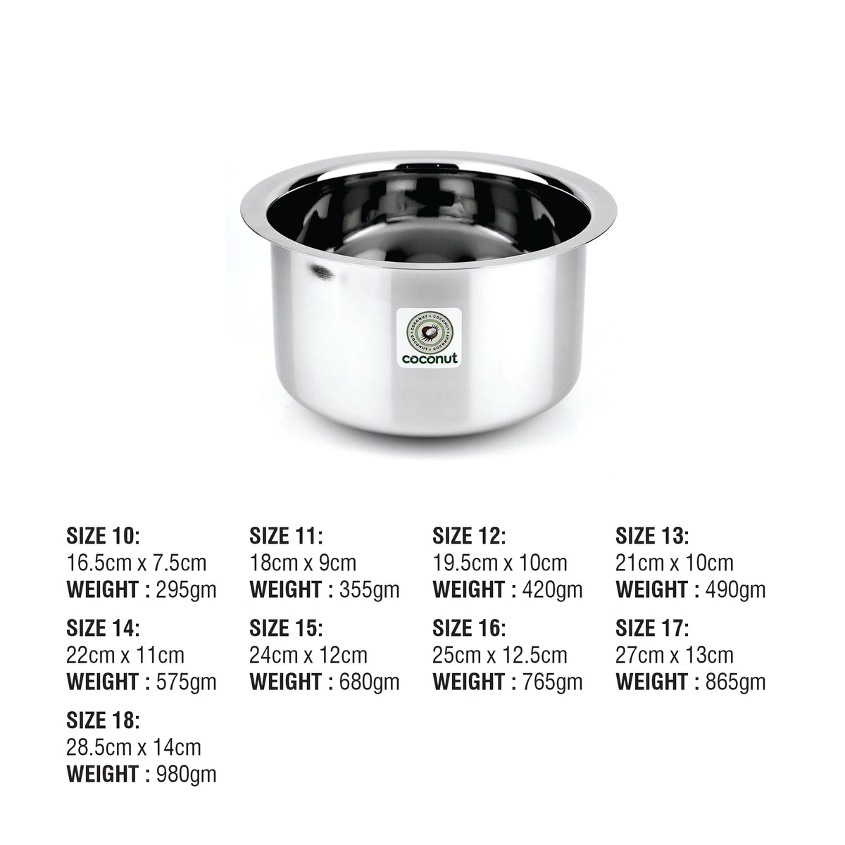 Coconut Stainless Steel Tope / Patila / Pan - 22 Gauge, Mirror Finish ...