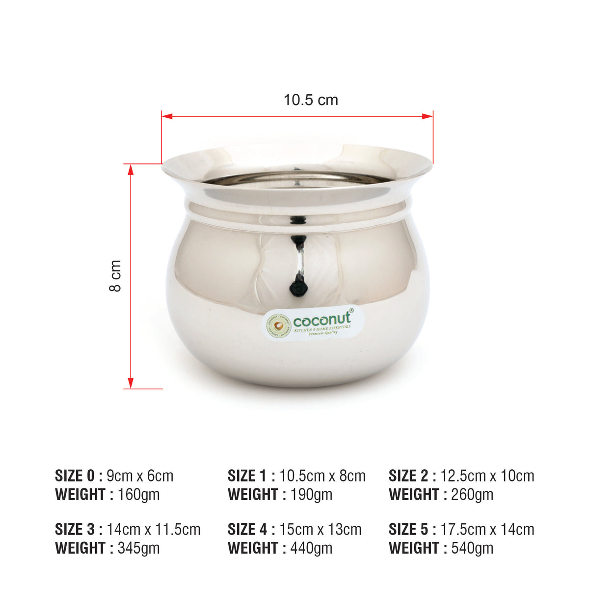 Coconut Stainless Steel Kanchi Handi - Set of 6 - Capacity - 350ML, 55 ...