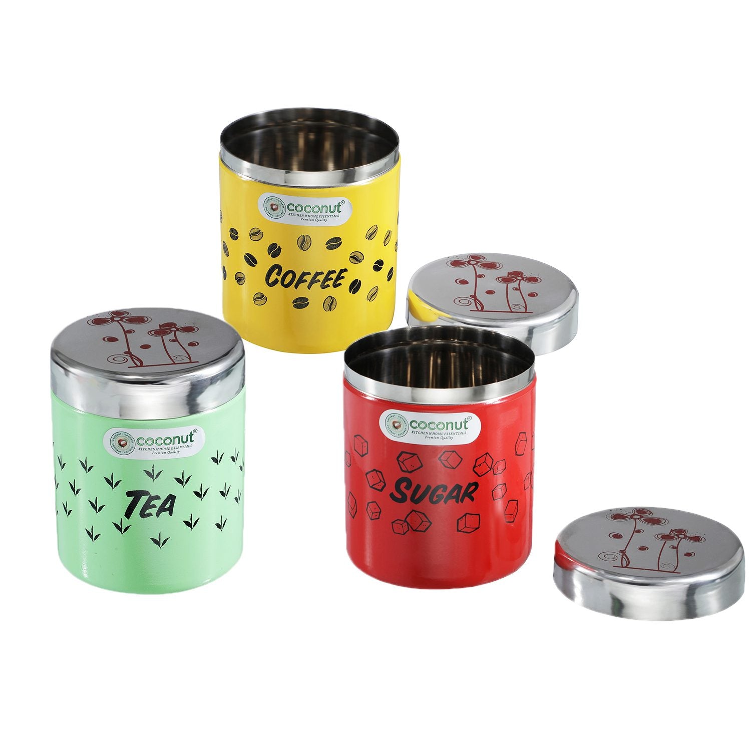 Coconut Stainless Steel Sober Canister - Set of 3, Tea / Coffee / Suga ...