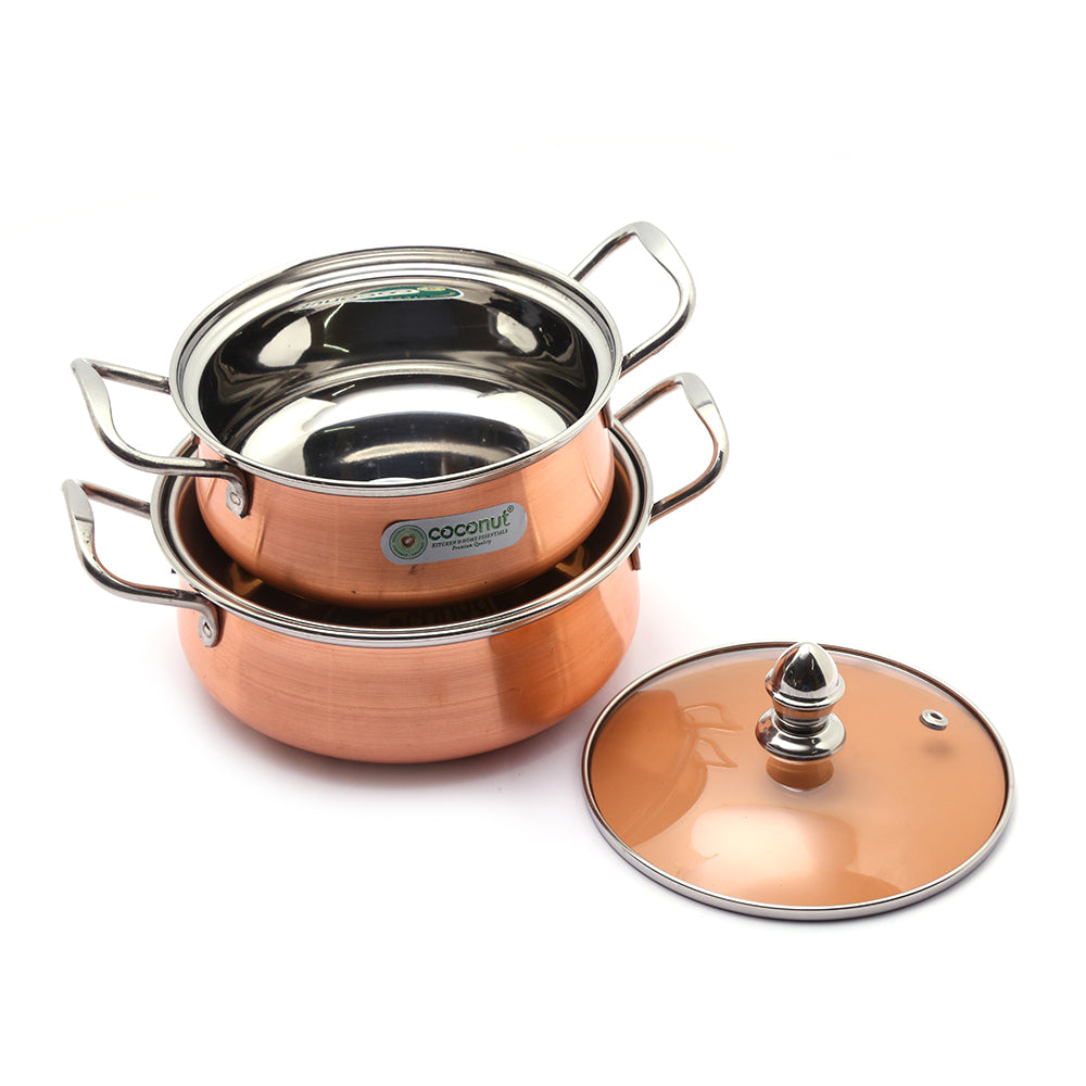 Coconut Royale Copper with Glass Lid Handi - Set of 2, Copper Bottom H ...