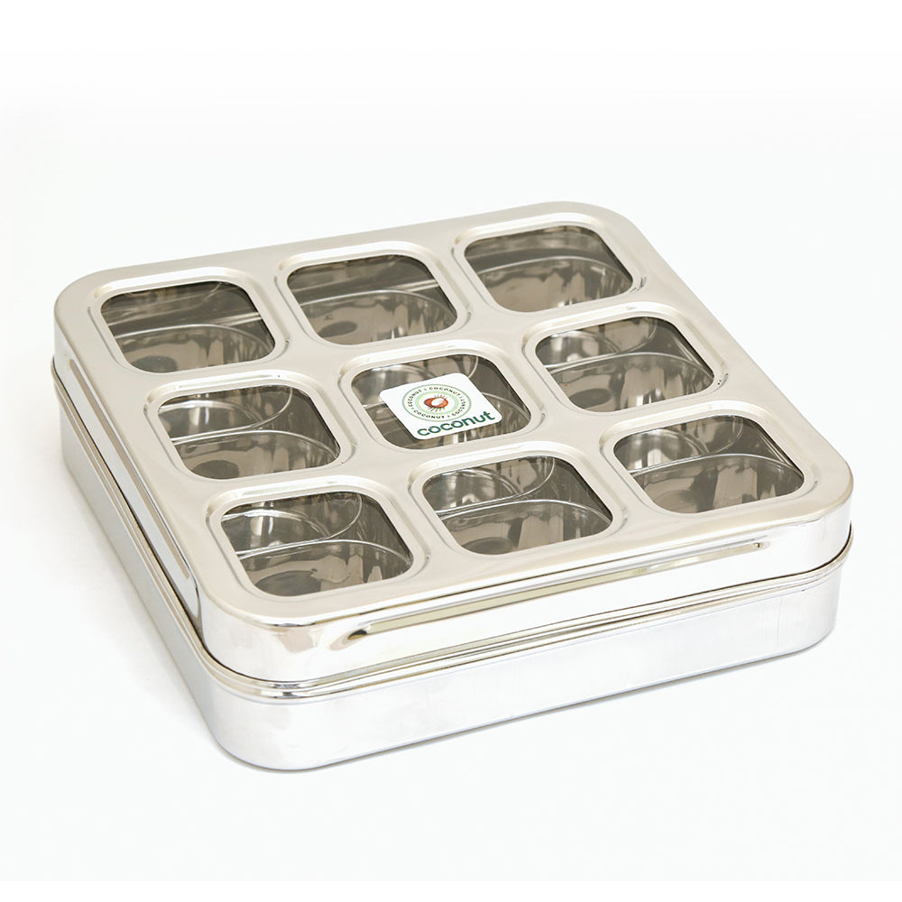 Coconut Stainless Steel Square Masala Box - Square Cubic See thru Lid ...