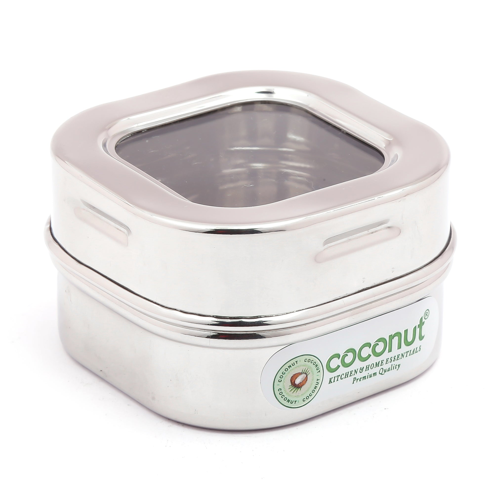 Coconut Stainless Steel Bingo C-thru Dabba - Square Box, Mirror Finish – Coconut Store